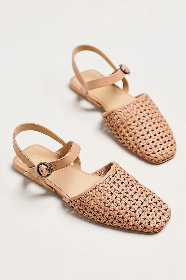 Anthropologie Woven Leather Ankle Strap Sandals - Tan