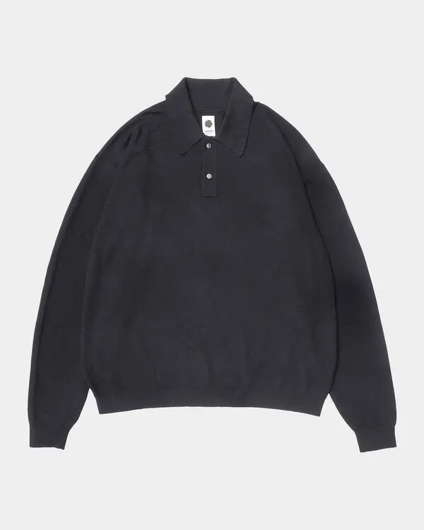 VOWELS Lightweight Knit Polo Sweater - Black