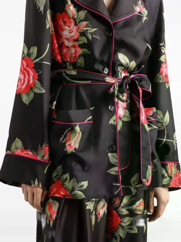 Dolce & Gabbana Floral-print Belted Blouse - Black