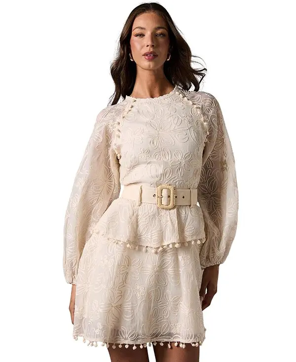 Coast Long Sleeve Tiered Skirt Belted Dress - Cream