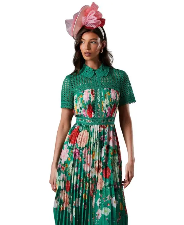 Coast Lisa Tan Lace Pleated Printed Midi Dress