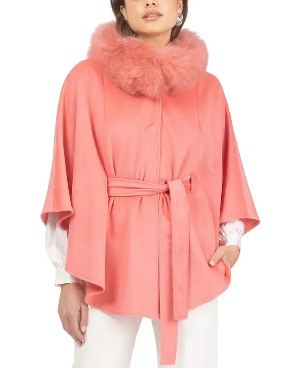 Gorski Wool Cape With Lamb Collar - Coral