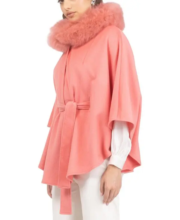 Gorski Wool Cape With Lamb Collar - Coral