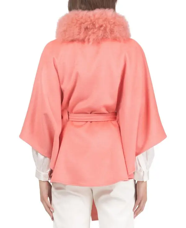Gorski Wool Cape With Lamb Collar - Coral