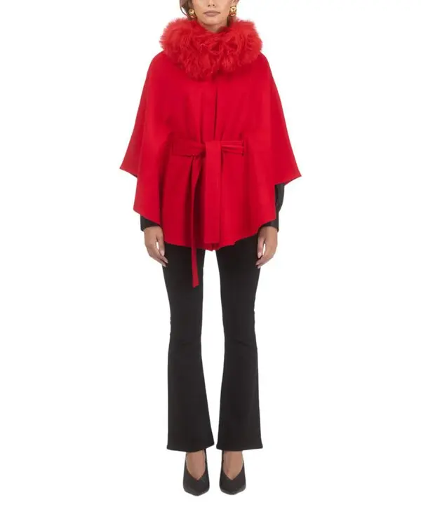 Gorski Wool Cape With Lamb Collar - Red