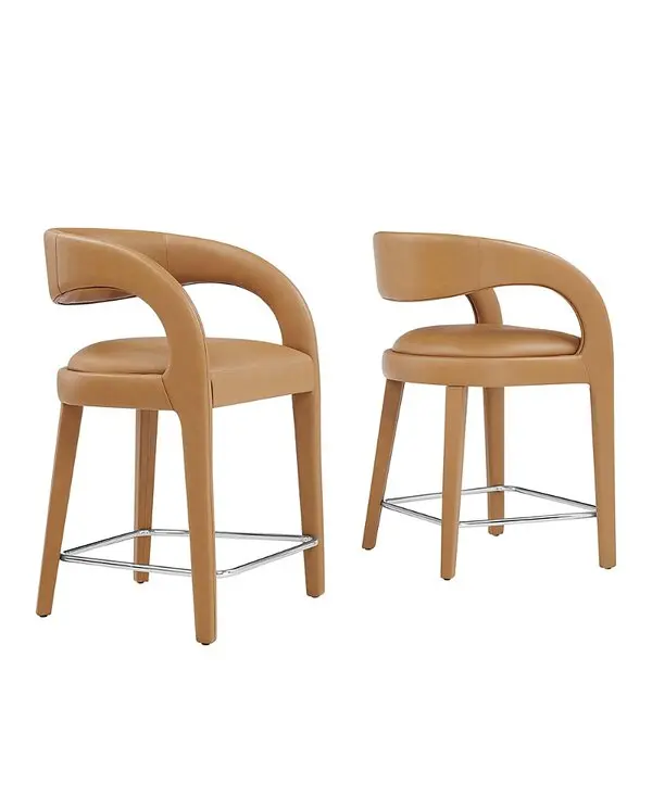 MODWAY Pinnacle Faux Leather Counter Stool, Set Of 2 - Tan Silver