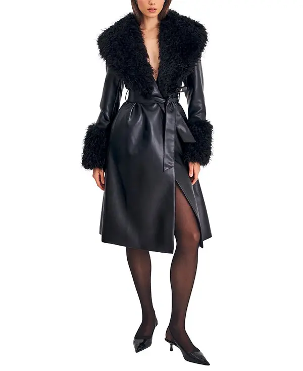 MISS CIRCLE NEW YORK Faux Leather Coat With Faux Fur Trim