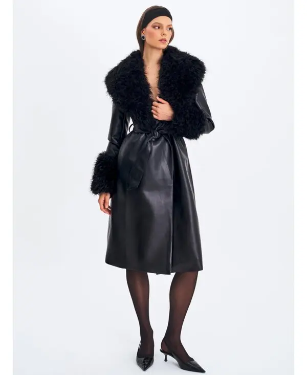 MISS CIRCLE NEW YORK Faux Leather Coat With Faux Fur Trim