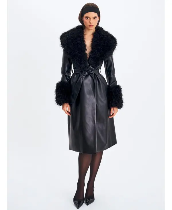 MISS CIRCLE NEW YORK Faux Leather Coat With Faux Fur Trim