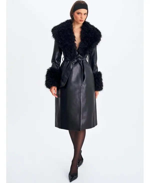 MISS CIRCLE NEW YORK Faux Leather Coat With Faux Fur Trim