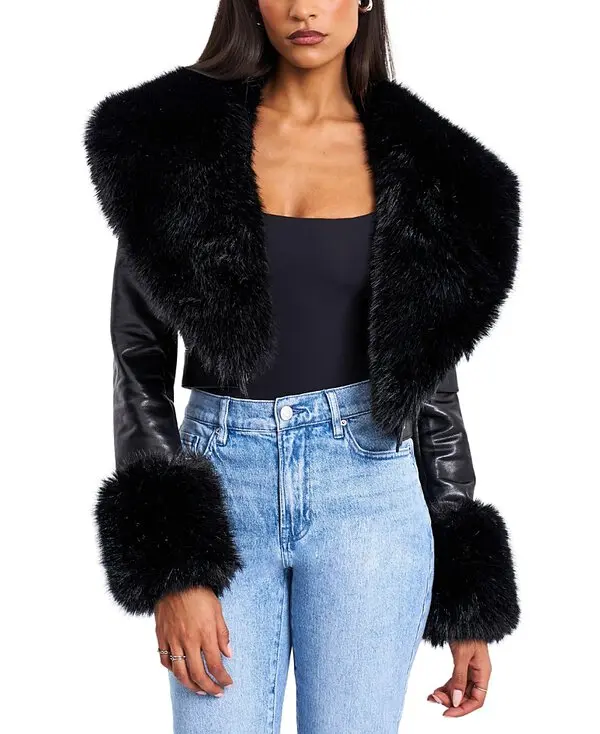 MISS CIRCLE Ziah Cropped Faux Leather Jacket With Fur Collar - Black
