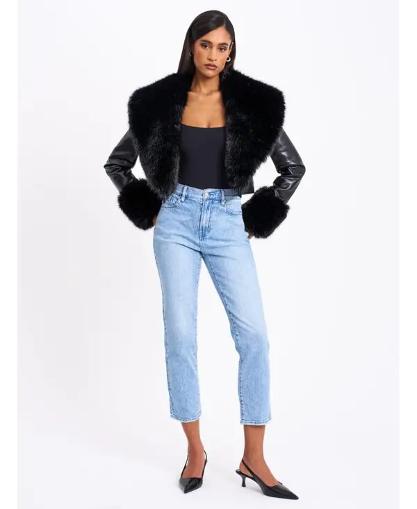 MISS CIRCLE NEW YORK Ziah Cropped Faux Leather Jacket With Fur Collar