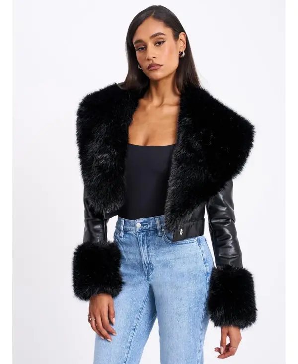 MISS CIRCLE NEW YORK Ziah Cropped Faux Leather Jacket With Fur Collar