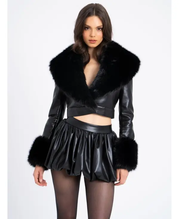 MISS CIRCLE NEW YORK Ziah Cropped Faux Leather Jacket With Fur Collar