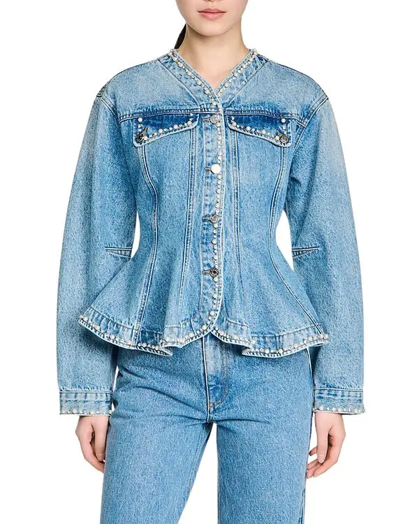 Sandro Beaded Denim Jacket - Blue Jean