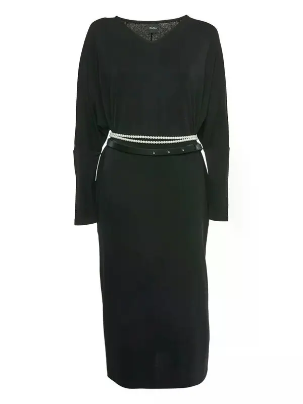 Max Mara V-neck Midi Dress With Leather And Pearl Belt - Black