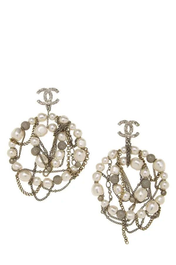 Chanel Faux Pearl 'cc' Hoop Earrings - Silver