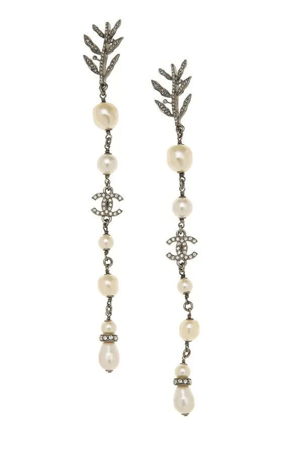 Chanel Crystal And Faux Pearl 'cc' Dangle Earrings - Silver