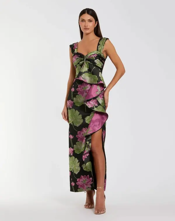 Mac Duggal Floral Jacquard Maxi Dress With Ruffle Detail