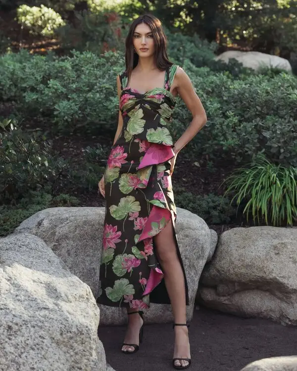 Mac Duggal Floral Jacquard Maxi Dress With Ruffle Detail