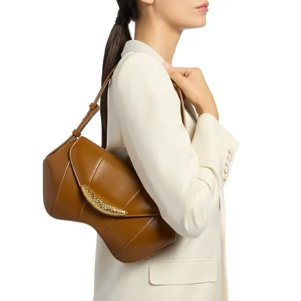 GIUSEPPE ZANOTTI Leather Shoulder Bag With Hammered Metal Clasp - Light_brown