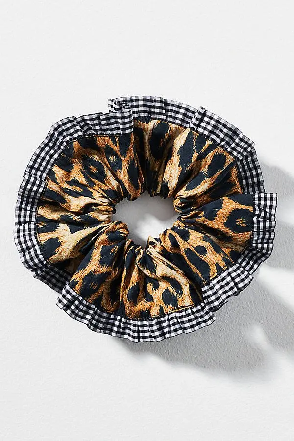 DAMSON MADDER Ggham Frill Scrunchie - Leopard