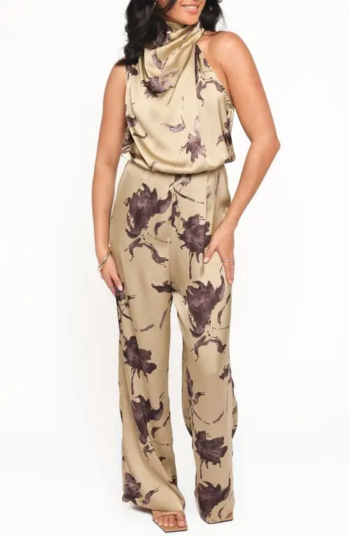 PETAL & PUP Floral One-shoulder Satin Jumpsuit - Gold Floral