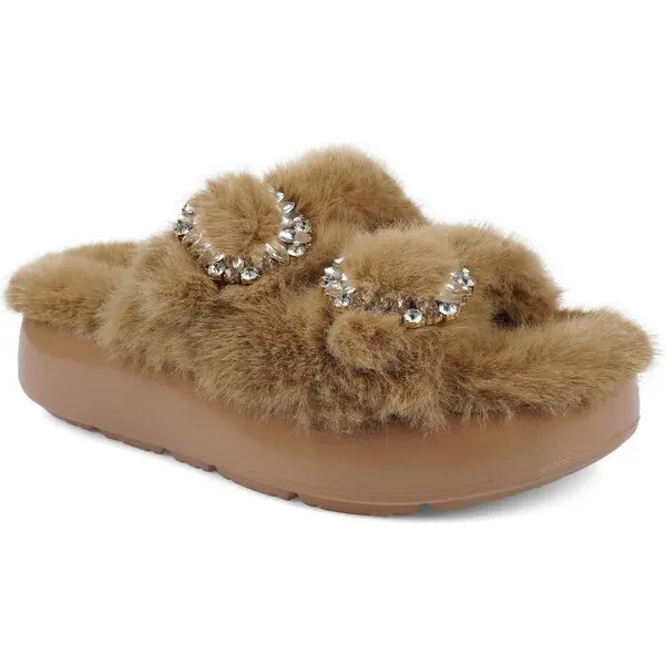 ZIGINY Faux Fur Platform Slide Sandal - Beige