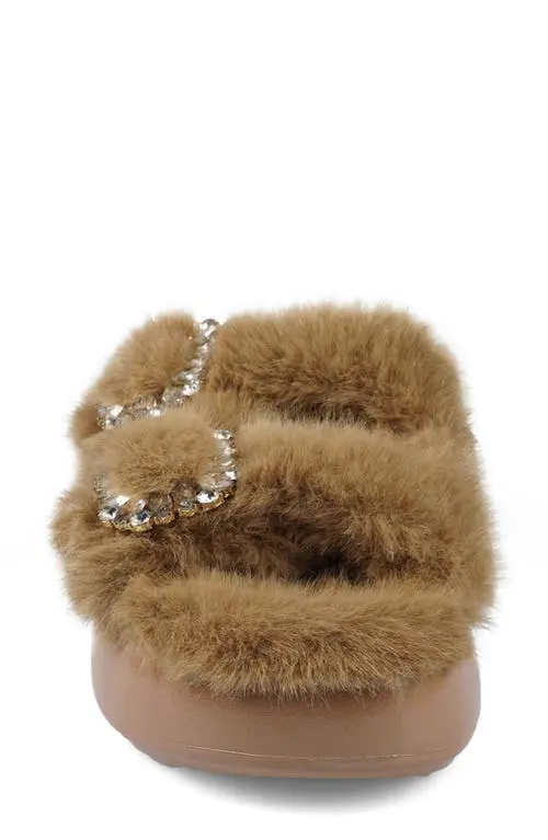 ZIGINY Faux Fur Platform Slide Sandal - Beige