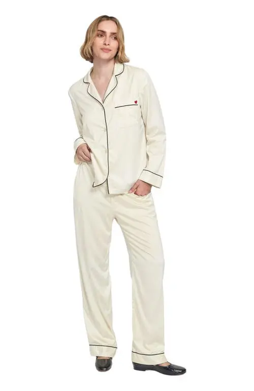ELLE COLLECTION Satin Pj Set Long Pajama - Ivory/black