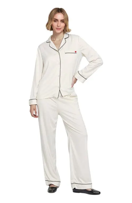 ELLE COLLECTION Satin Pj Set Long Pajama - Ivory/black