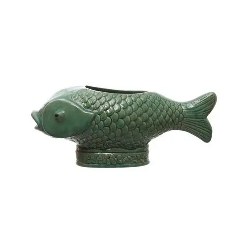 STORIED HOME Debossed Stoneware Fish Planter With Reactive Glaze - Blue