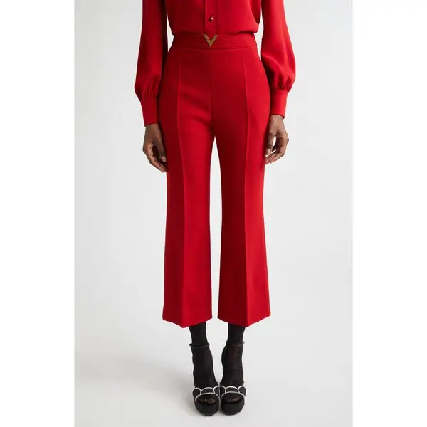 Valentino Garavani Wool Crepe Crop Flare Pants - Deep Red