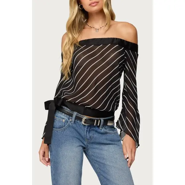 EDIKTED Striped Off-the-shoulder Mesh Top