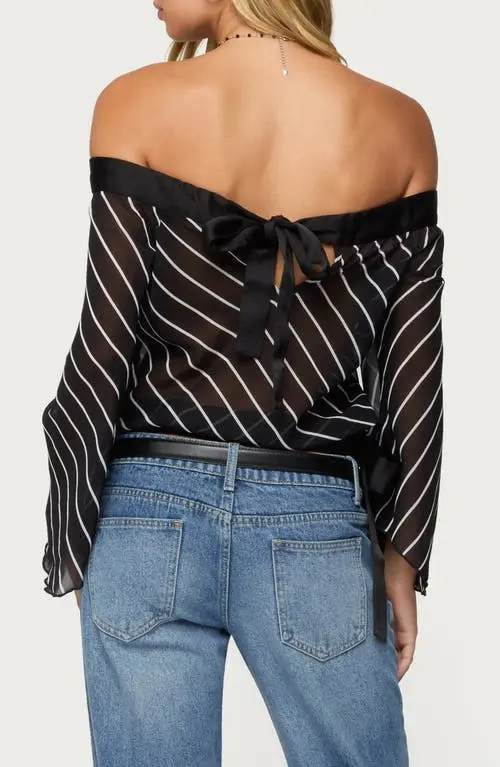 EDIKTED Striped Off-the-shoulder Mesh Top