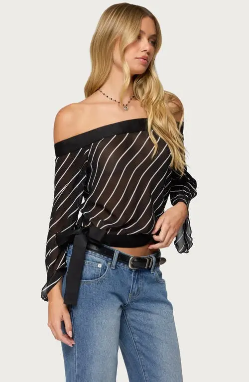 EDIKTED Striped Off-the-shoulder Mesh Top