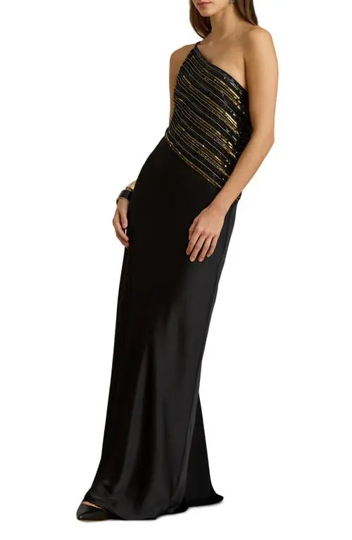 Ralph Lauren Beaded Mesh One-shoulder Gown