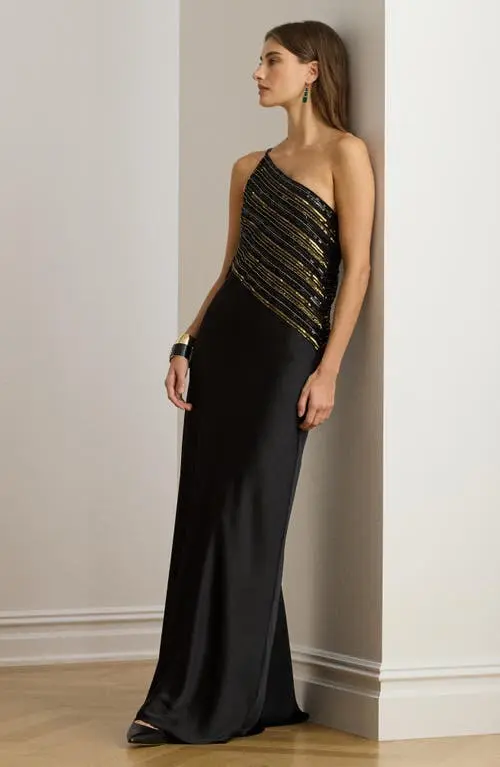 Ralph Lauren Beaded Mesh One-shoulder Gown