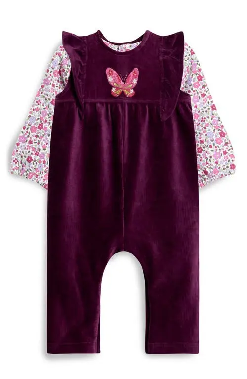JOJO MAMAN BEBE Butterfly Cotton T-shirt And Velour Overalls Set - Plum