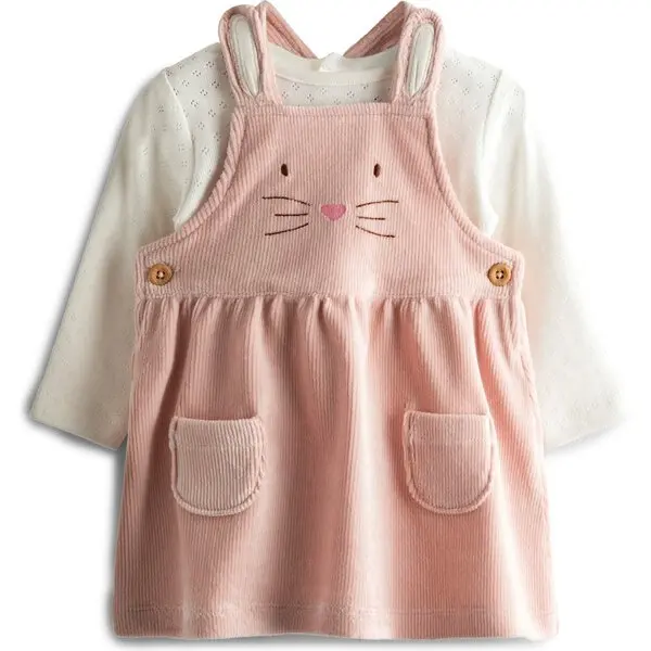 JOJO MAMAN BEBE Long Sleeve Pointelle Knit Bodysuit & Bunny Corduroy Pinafore Dress Set - Pale Pink