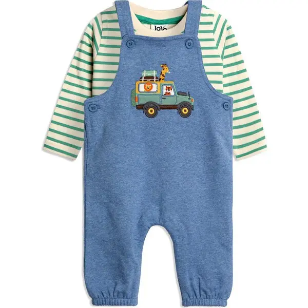 JOJO MAMAN BEBE Stripe Long Sleeve T-shirt & Safari Truck Appliqué Overalls Set - Denim
