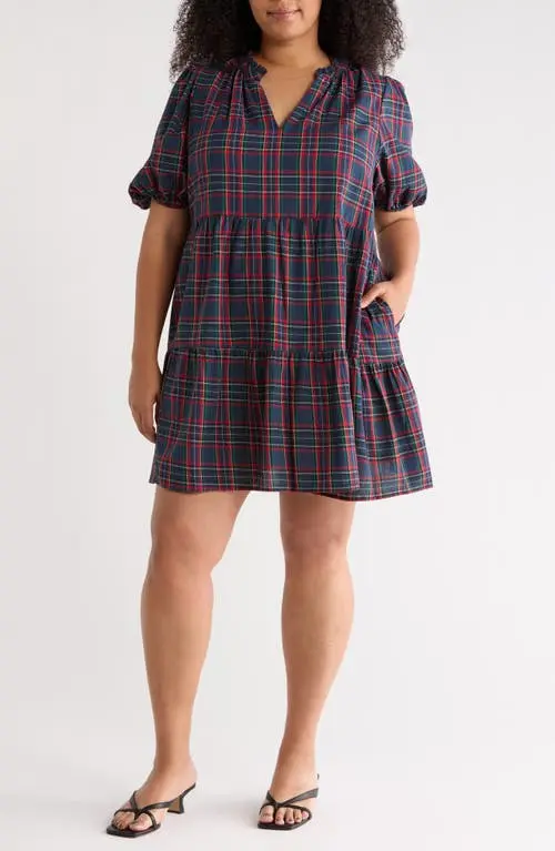 SUGARLIPS Chapman Plaid Puff Sleeve Dress - Navy-multi
