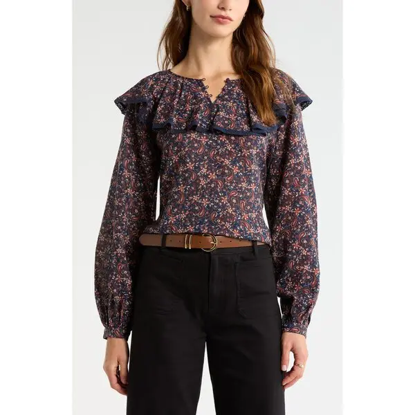 Treasure & Bond Ruffle Collar Blouse - Navy Mallory Paisley
