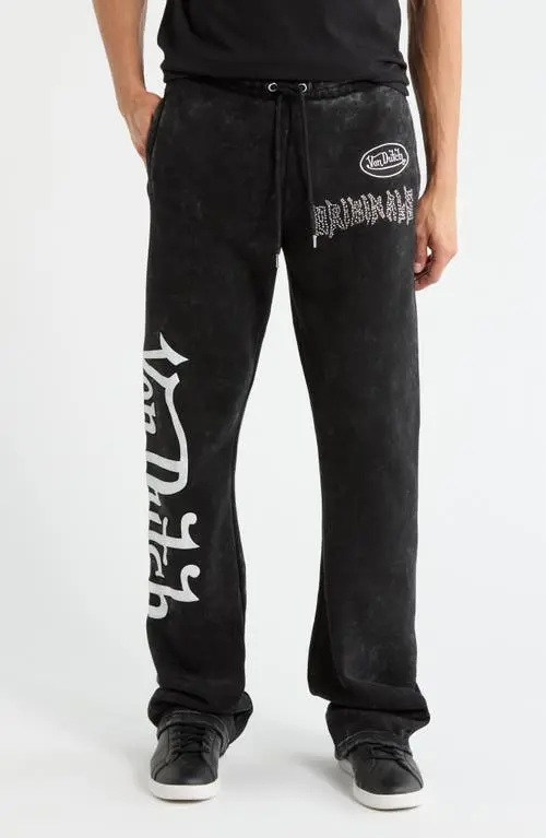 VON DUTCH Studded Mineral Wash Fleece Drawstring Pants - Jet Black Bleach Wash