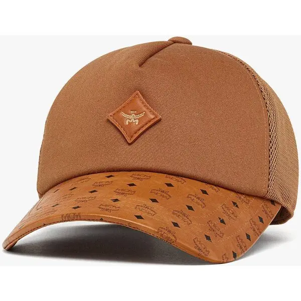 Mcm Diamond Cap In Cotton And Monogram Print Leather - Cognac