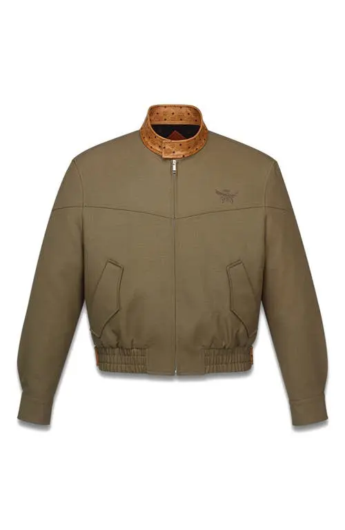 Mcm Jacket In Wool Twill And Monogram Print Leather - Khaki