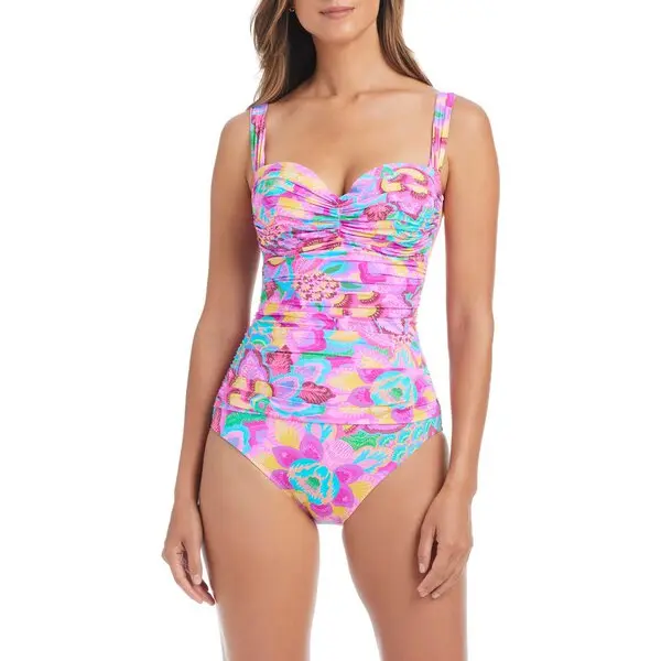 ROD BEATTIE Printed Shirred One-piece Swimsuit - Pink Multi