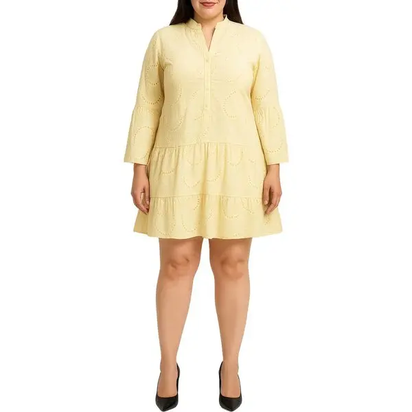 STANDARDS & PRACTICES Eyelet Embroidered Tiered Dress With Bell Sleeves - Yellow