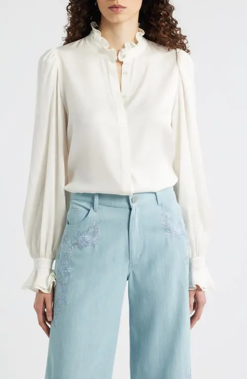 Kobi Halperin Harley Ruffle Puff Shoulder Stretch Silk Shirt - Ivory