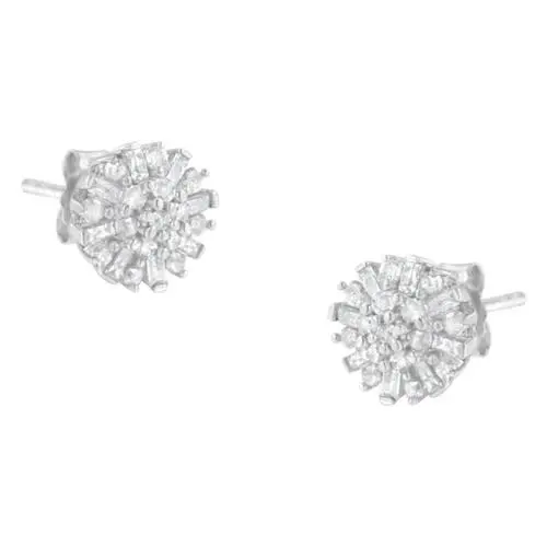 HAUS OF BRILLIANCE Silver Diamond Sunburst Floral Cluster Stud Earrings - White